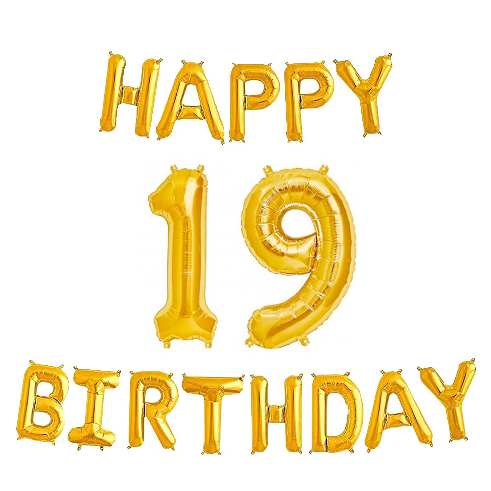 16 Inch 19th Happy Birthday Alphabets & 32 Inch 19 Number Gold Foil Ba ...